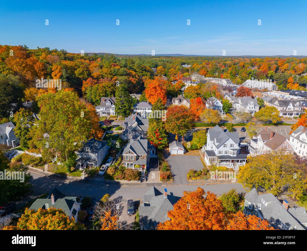 Historic residential houses aerial view in fall with foliage in ...