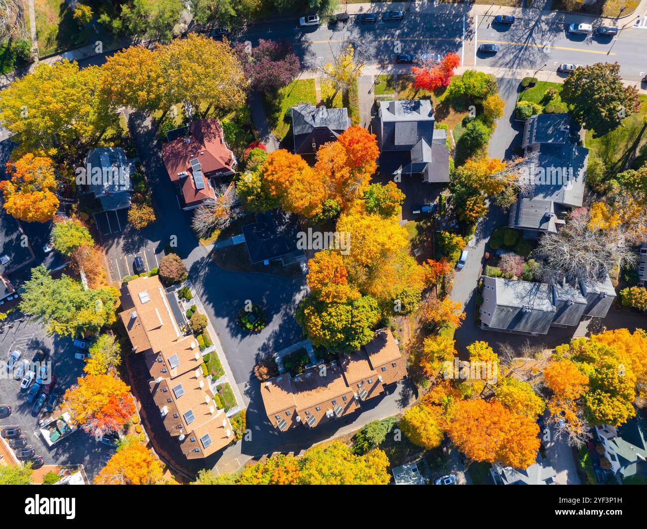 Historic residential houses aerial view in fall with foliage in ...