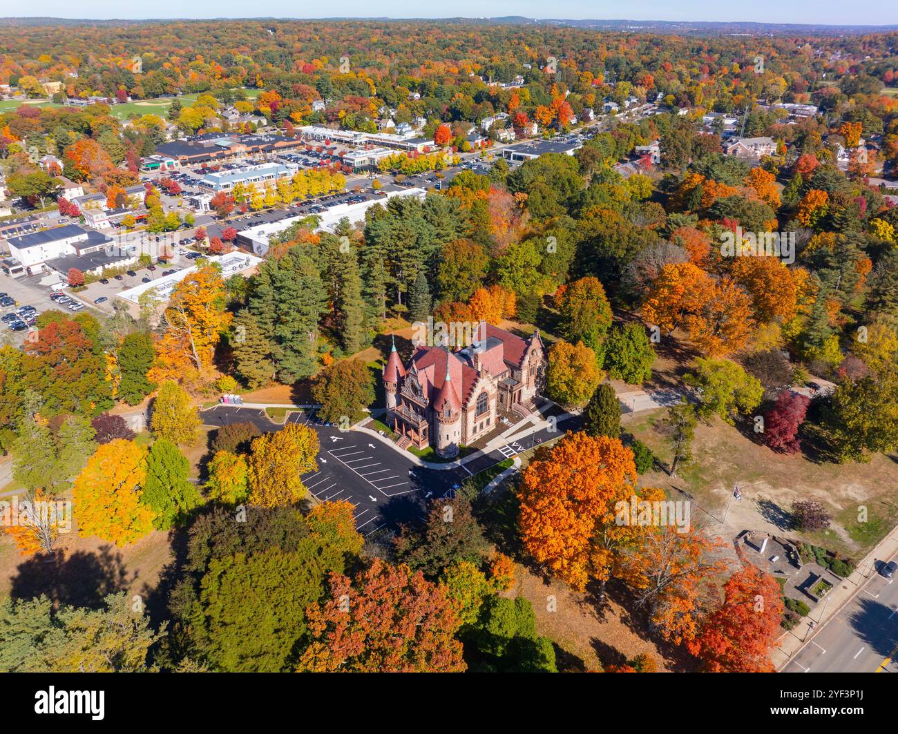 Town Hall aerial view at fall with foliage at 525 Washington Street in ...