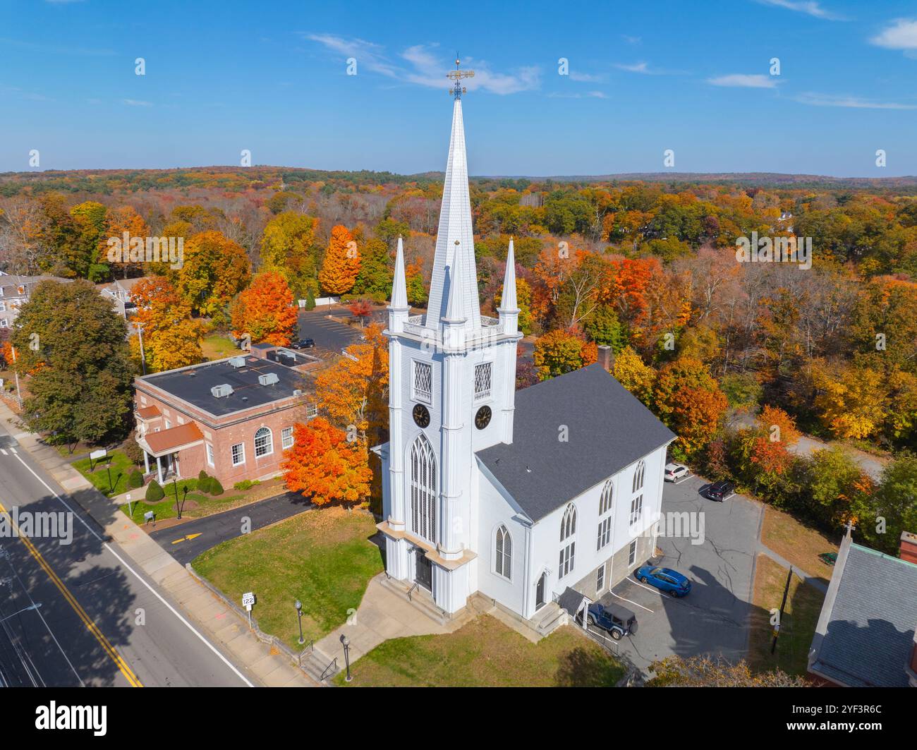 Unitarian Church aerial view in fall with fall foliage at 21 N Main ...