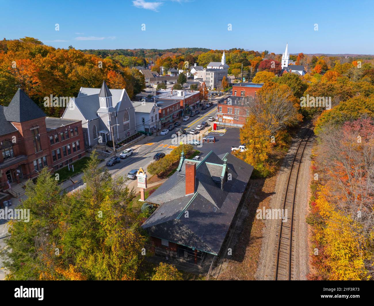 Uxbridge station aerial view in fall with fall foliage at 20 S Main ...