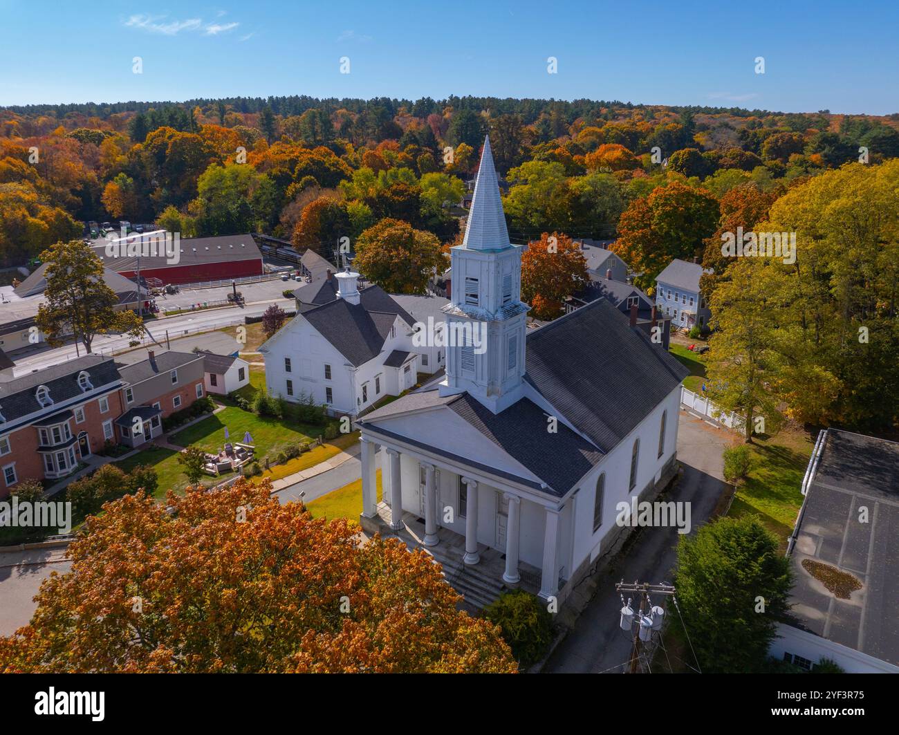 First Congregational Church aerial view in fall with fall foliage Town Common in historic town ...