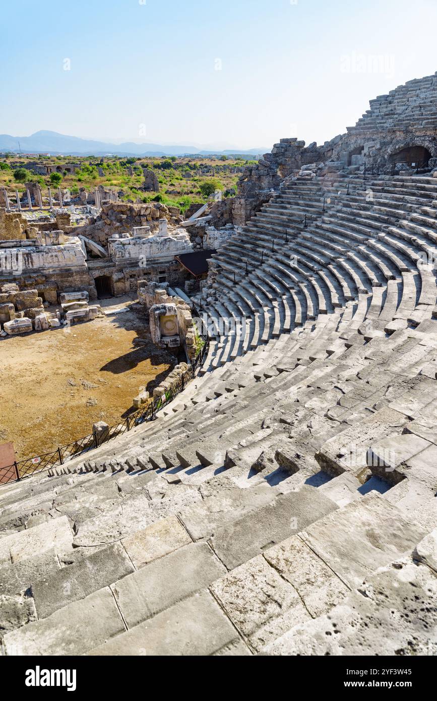 View of the ancient theatre in Side, Turkey. Side is a popular tourist ...