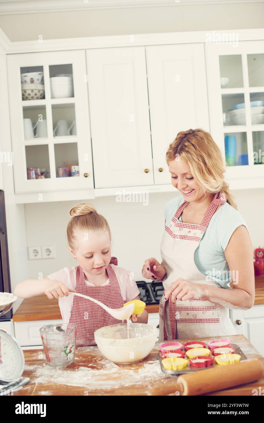 Help, cupcake and girl in kitchen with mom, baking and learning for ...