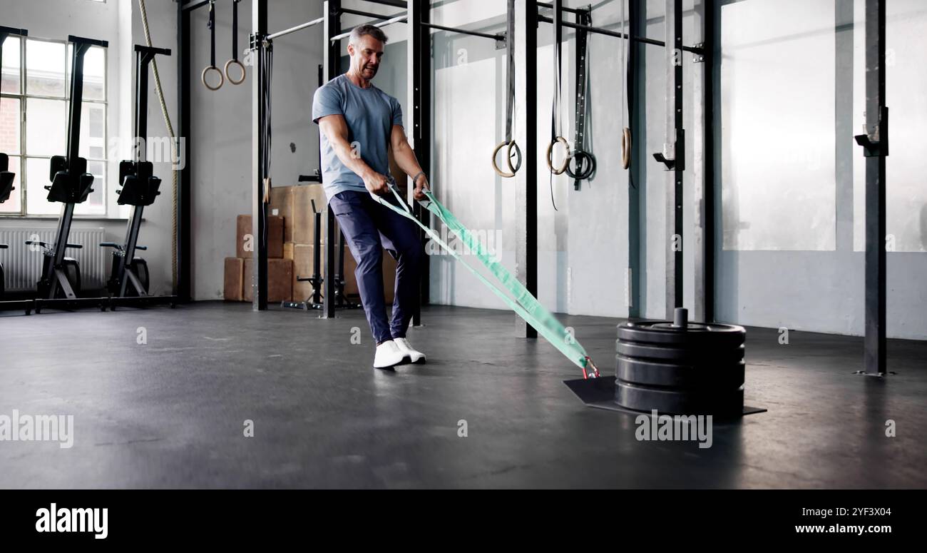 Athlete Doing Pull Exercise In Gym. Sled Workout Stock Photo - Alamy