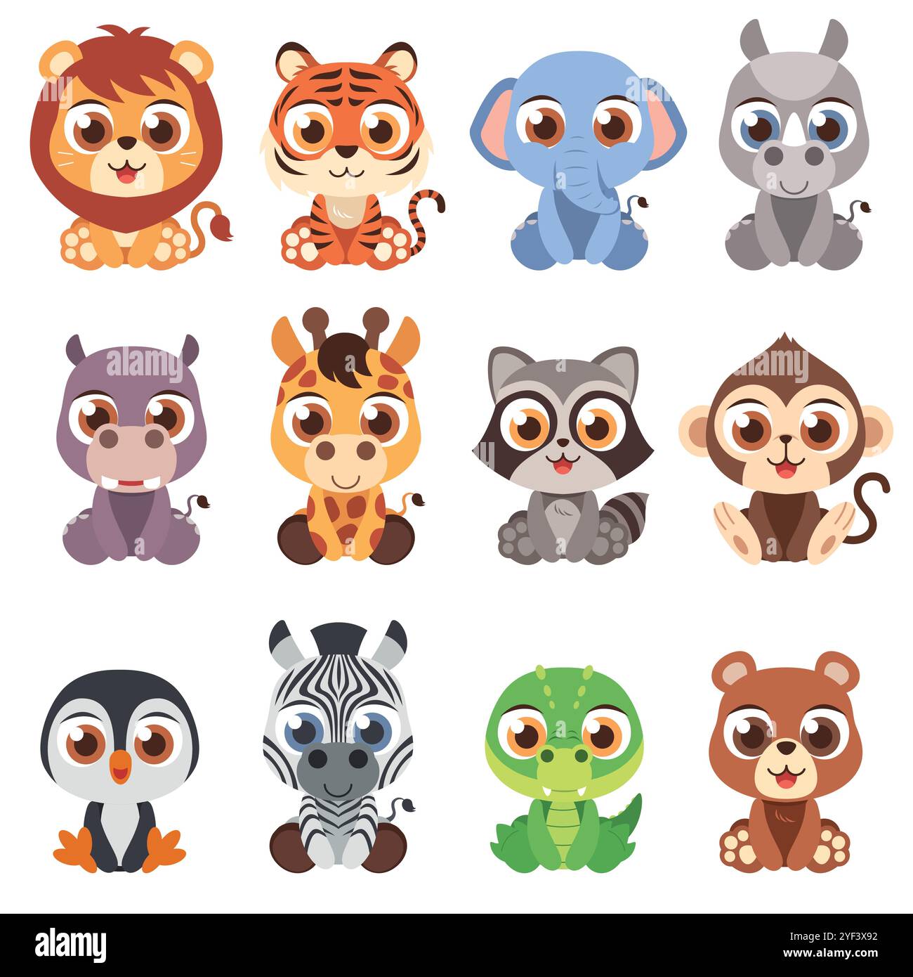 Vector illustration of Cartoon Cute World Animals Sit Character Set ...