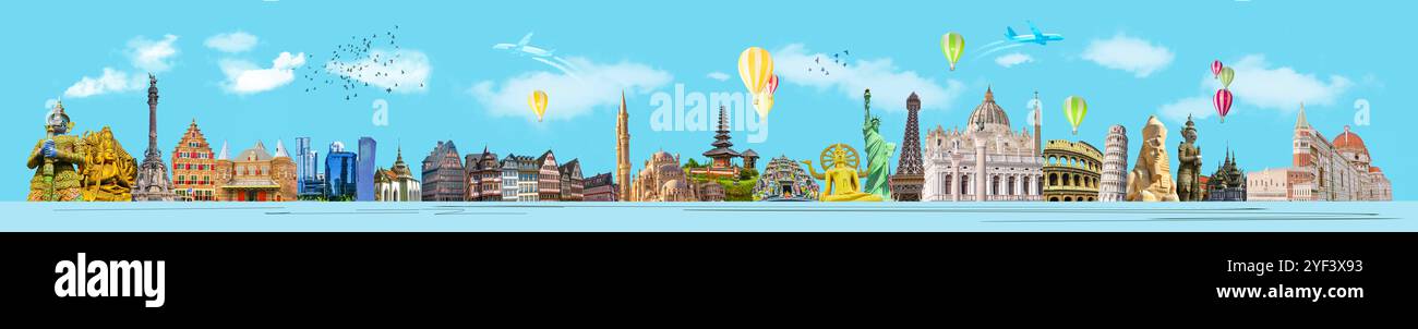 World landmarks and famous monuments collage isolated on panoramic blue ...