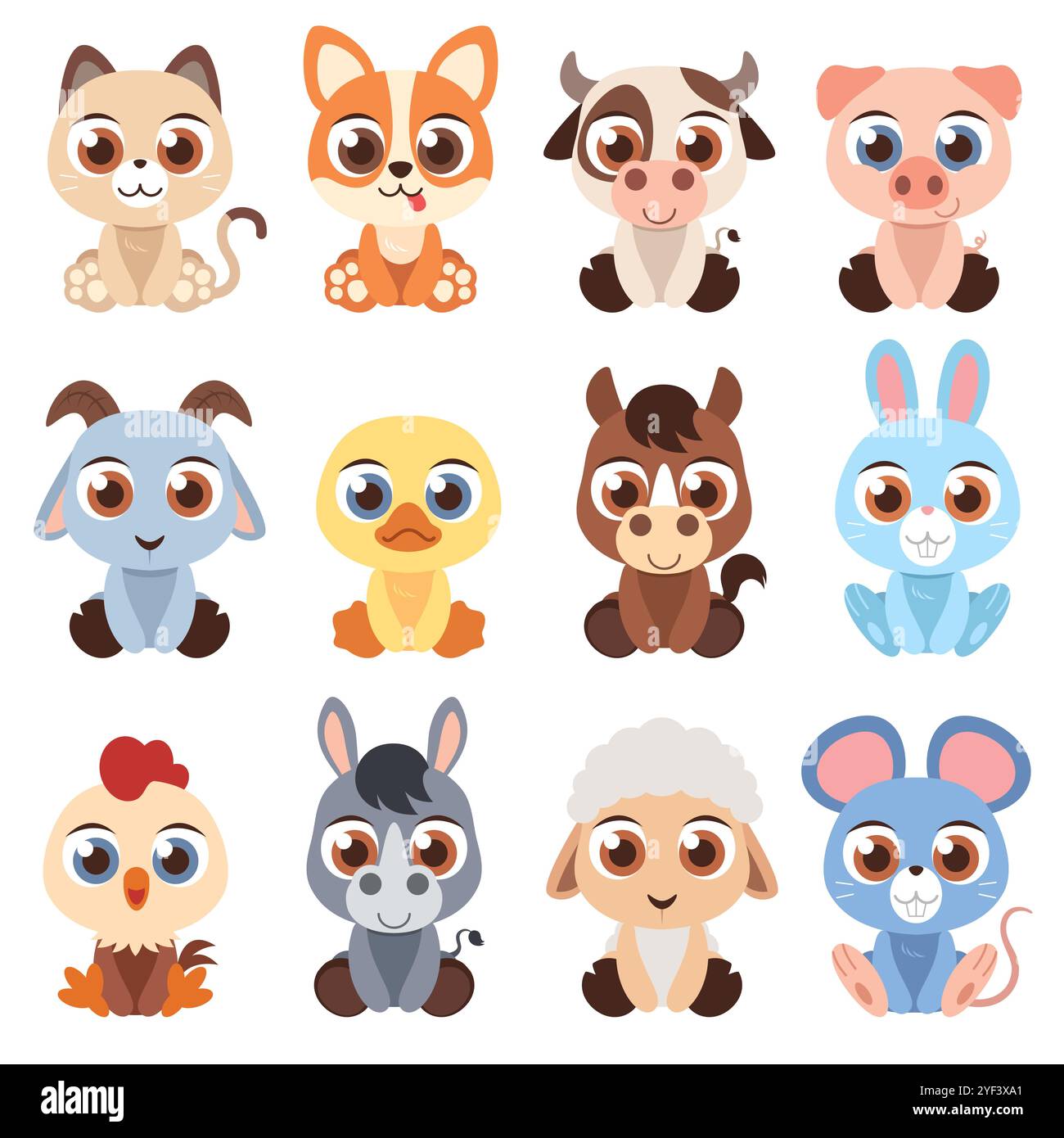 Vector illustration of Cartoon Cute Farm Animals Sit Character Set ...