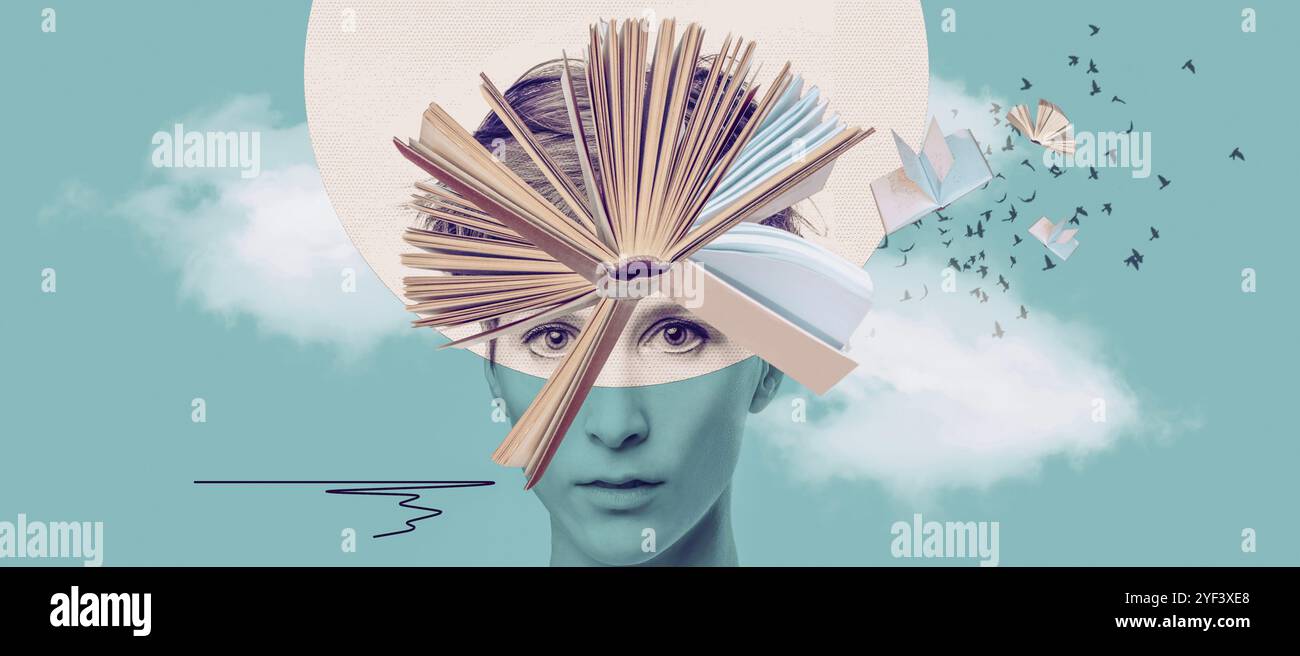 Head with books as a metaphor for education. Art collage or design ...