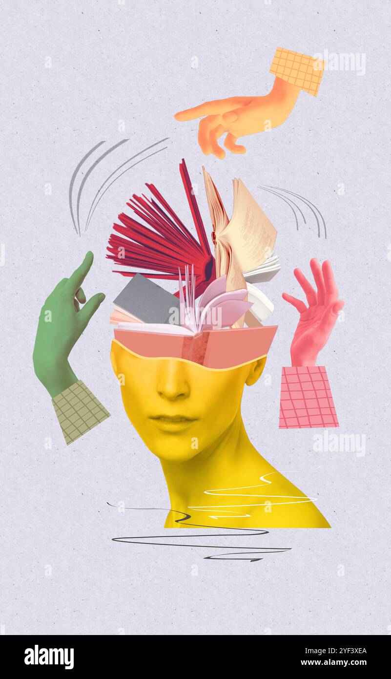 Head with books as a metaphor for education. Art collage or design ...