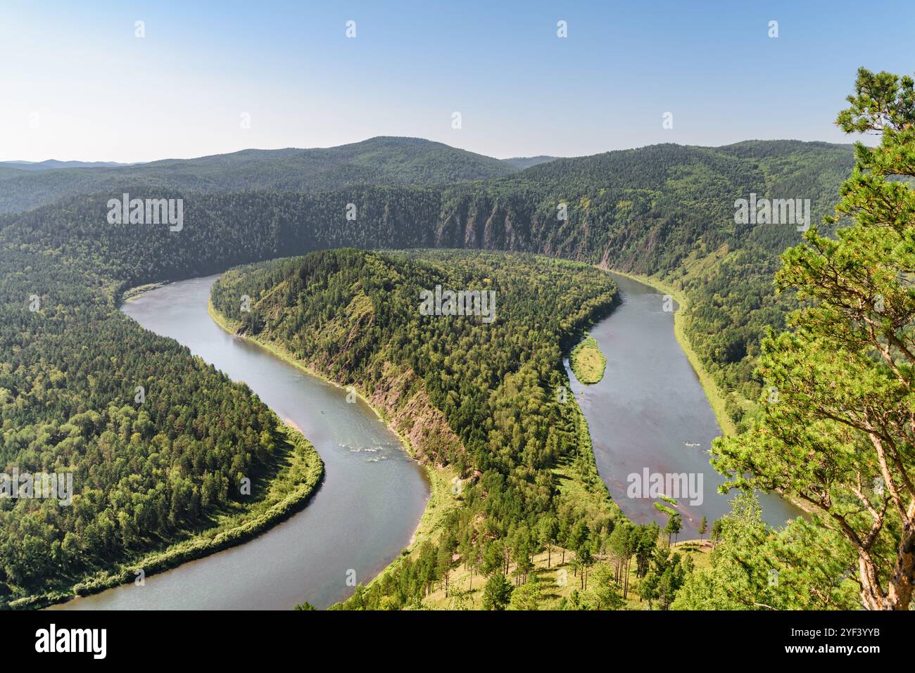Awesome view of scenic river among evergreen woods Stock Photo - Alamy