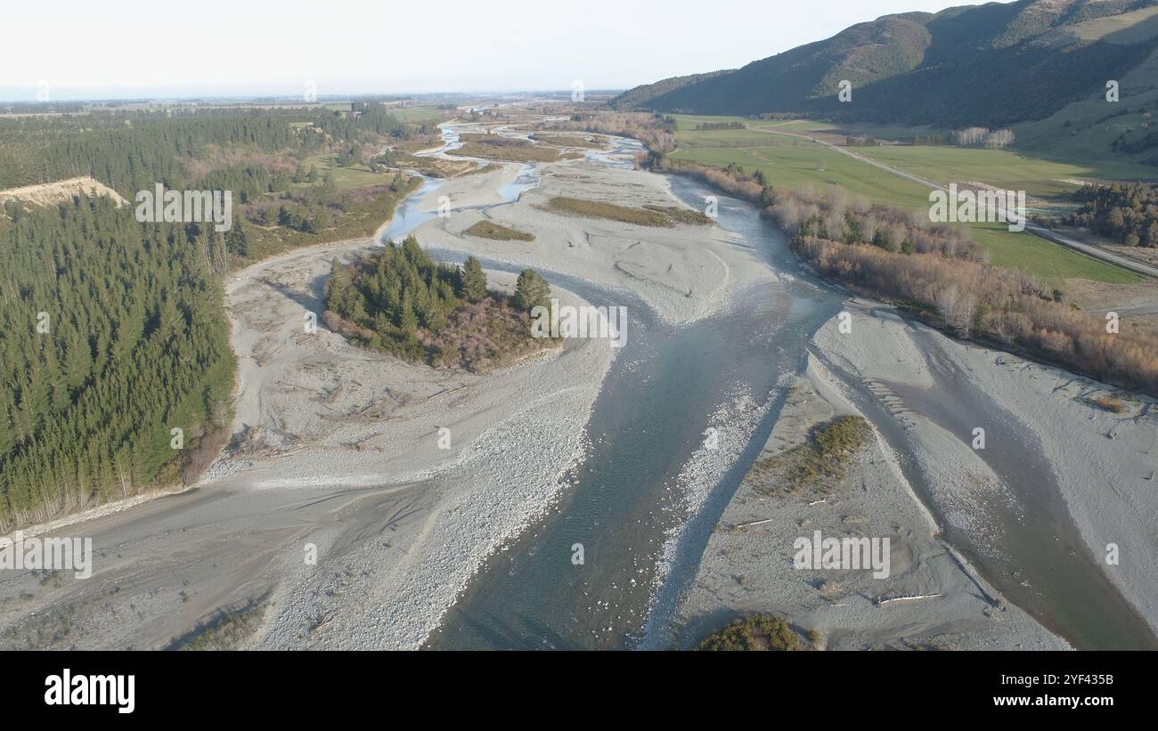 This aerial photo showcases the Rangitata River in the Canterbury ...