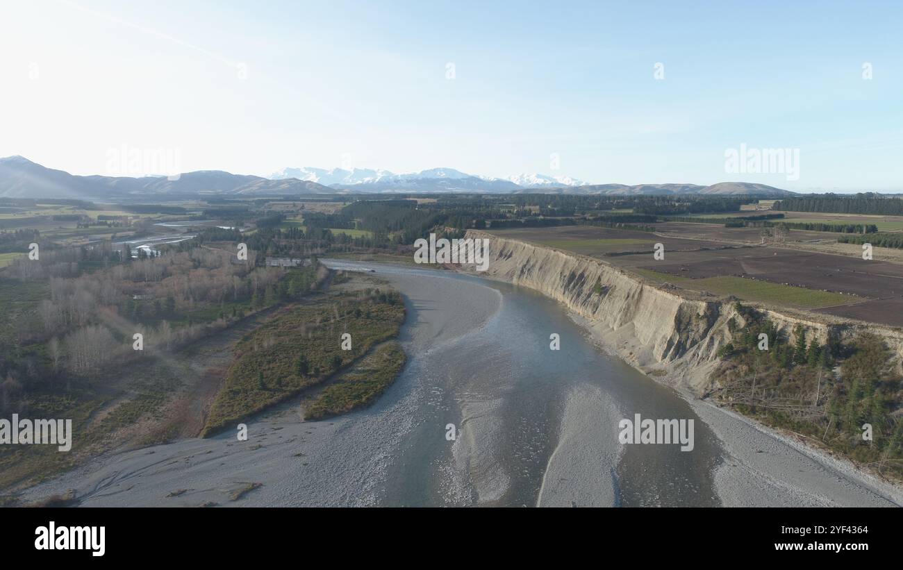 This aerial photo showcases the Rangitata River in the Canterbury ...