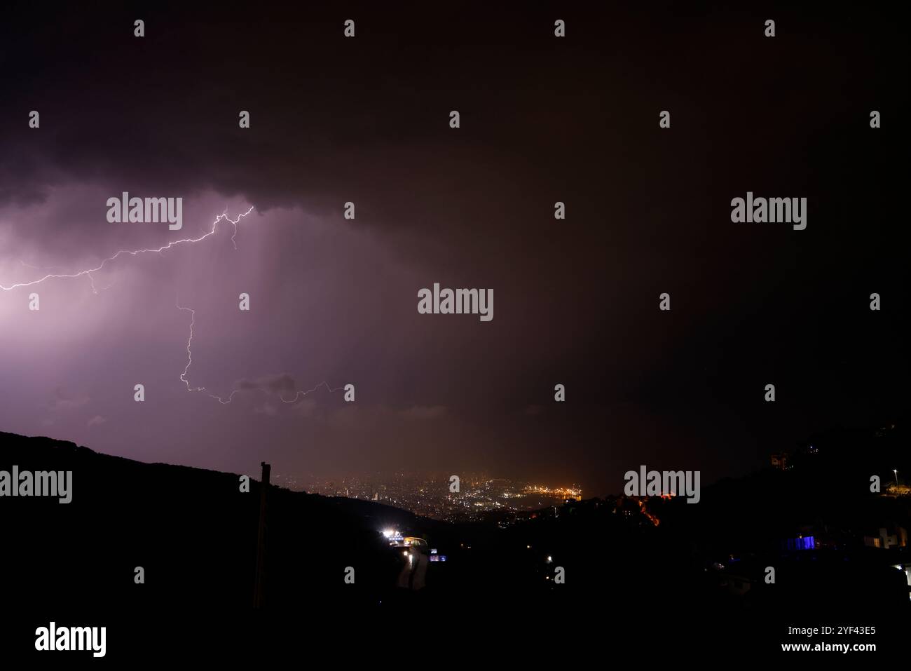 Lebanon. 02nd Nov, 2024. A bolt of lightning illumintates the night shy ...