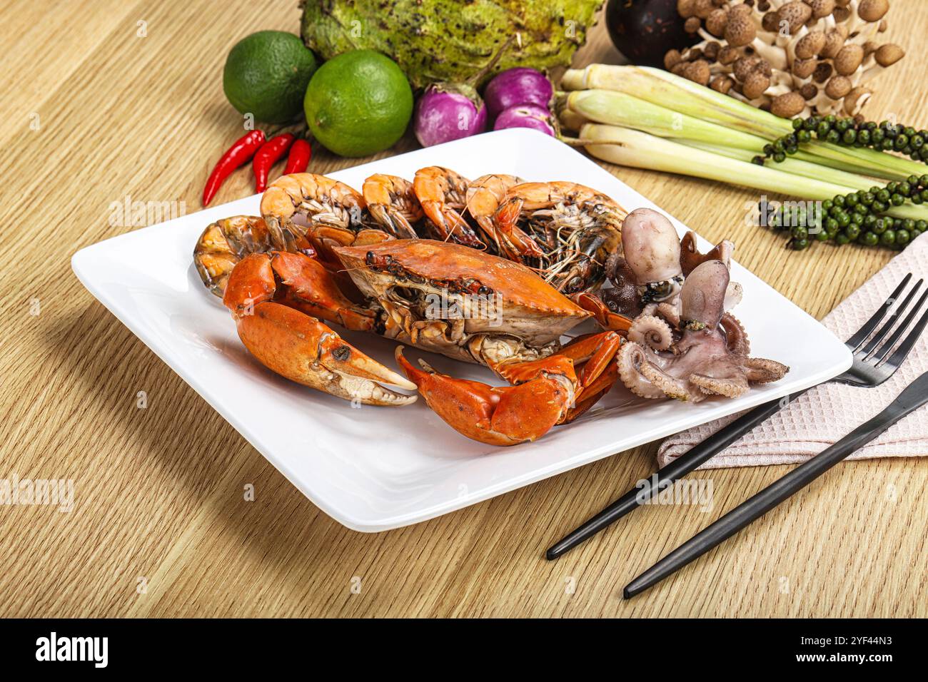 Luxury seafood mix - crab, tiger prawn, octopus Stock Photo - Alamy