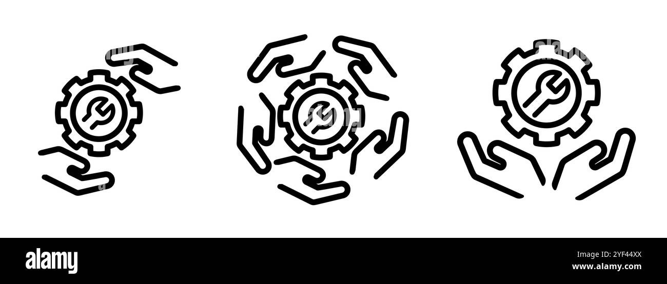 Hand gesture cogs cogwheel and wrench logo icon set collection line ...