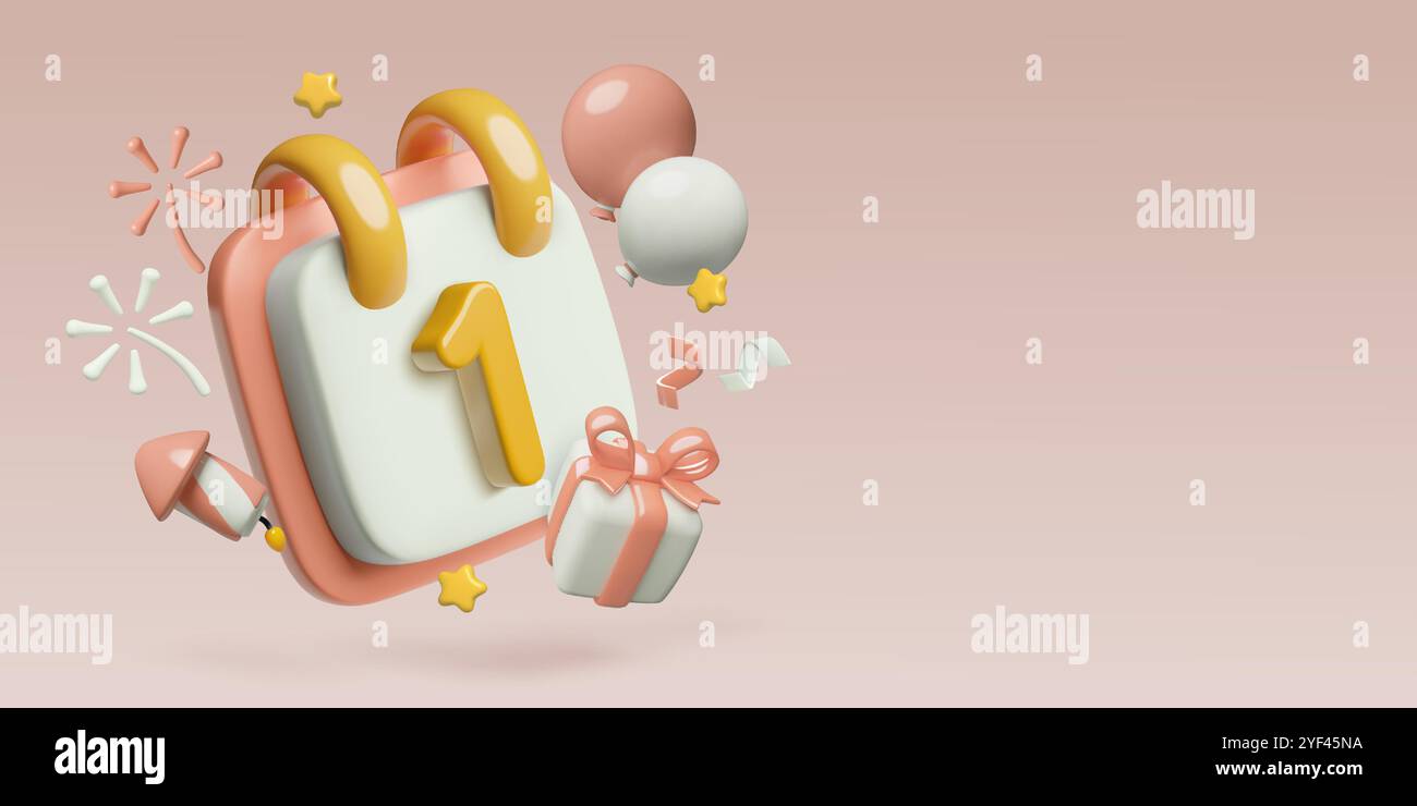 January 1st day of the New Year 3d calendar background with gift box ...