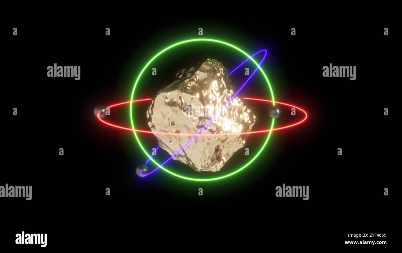 Neon Gold nuke atom model energy 3d render Stock Photo - Alamy