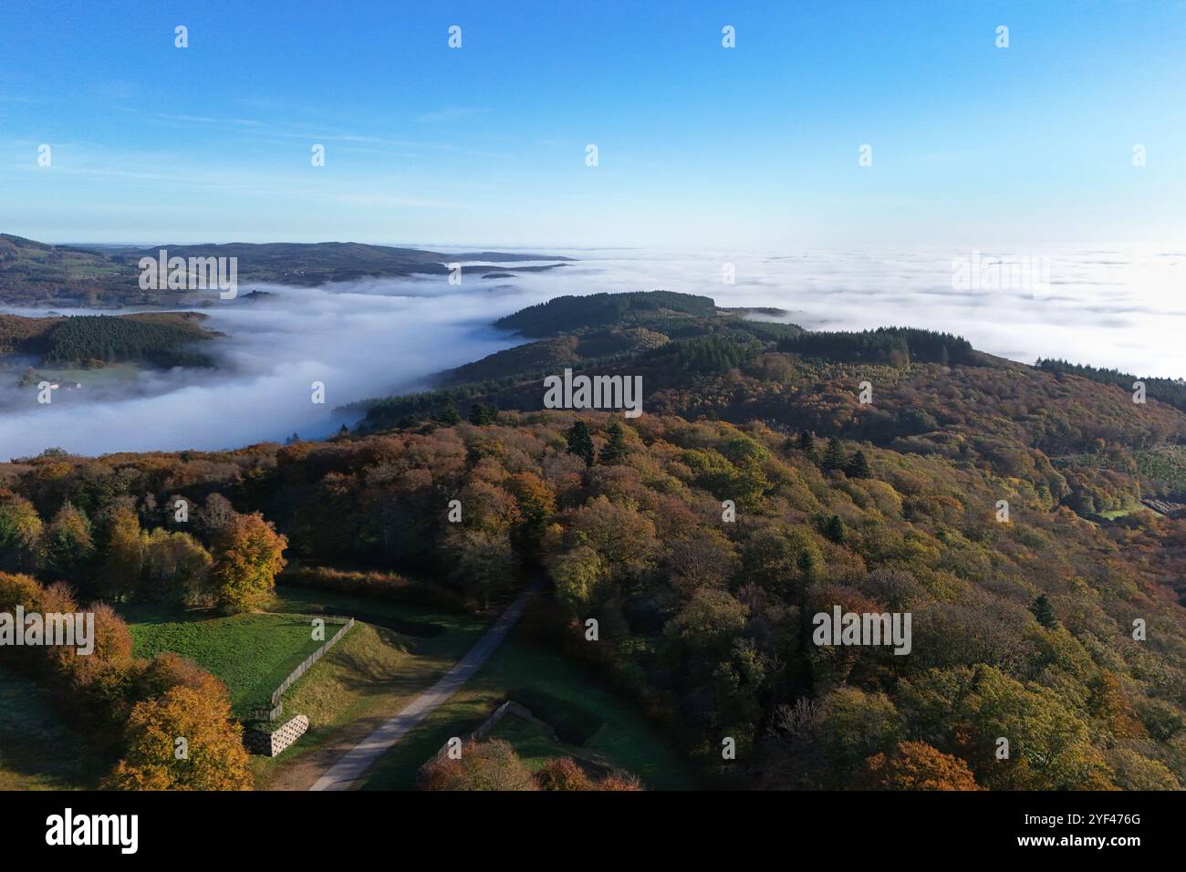 Aerial view of Mont Beuvray in the Morvan in Burgundy, France, with the ...