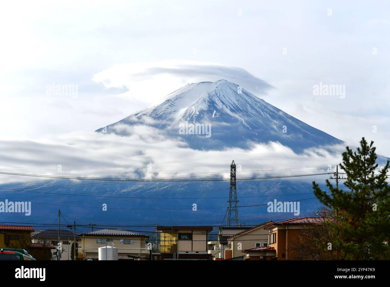 Mount Fuji with snow at the peak During December 2018 with clear blue ...