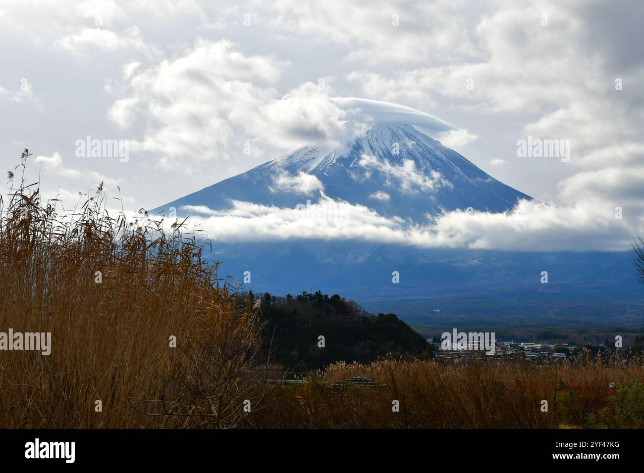 Mount Fuji with snow at the peak During December 2018 with clear blue ...