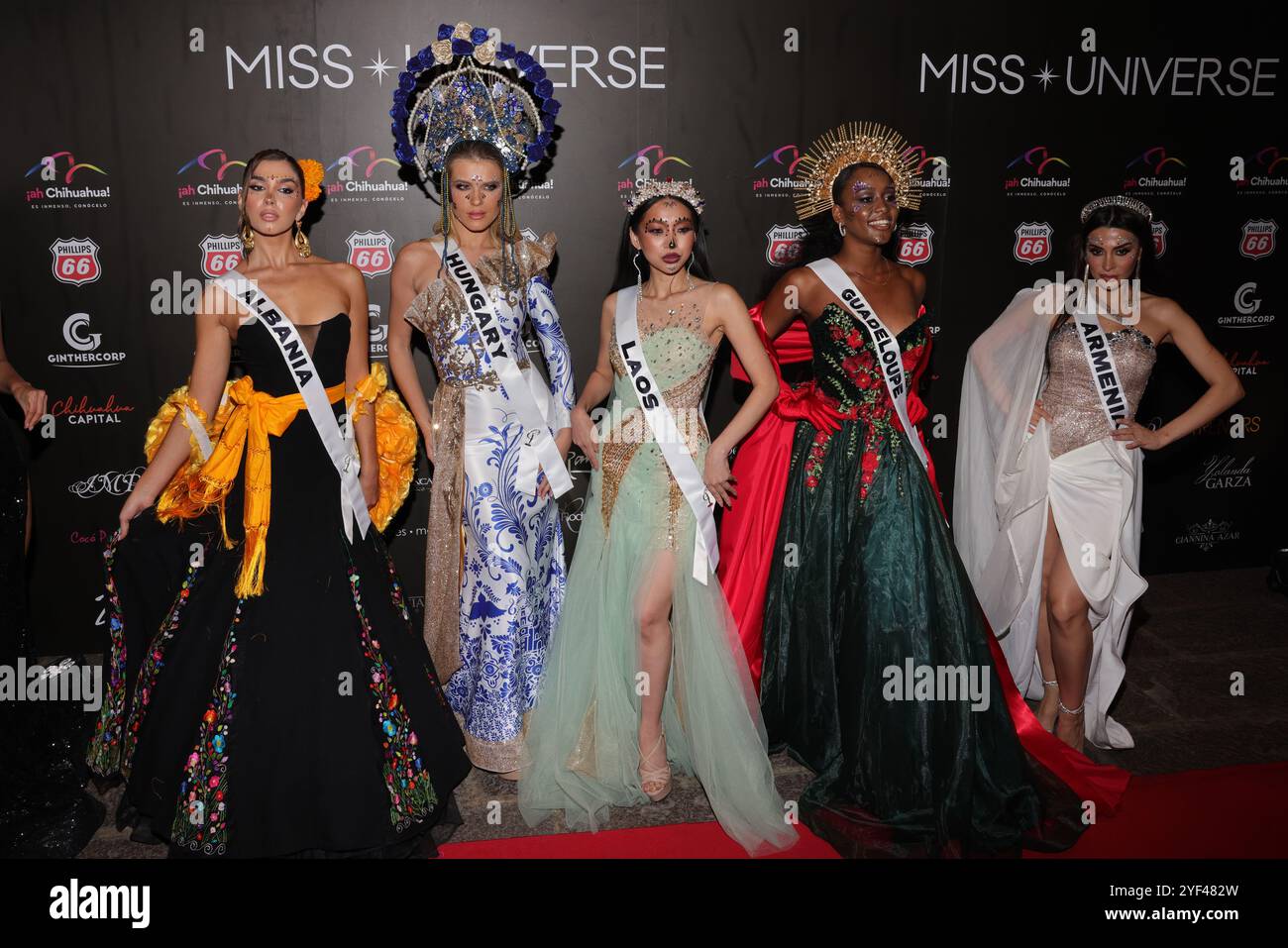 (L-R) Miss Albania Franceska Rustemi, Miss Hungary Kenez Nora, Miss ...