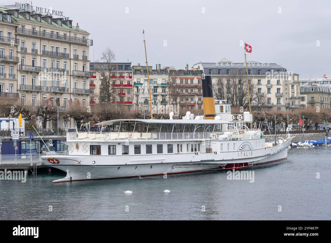 Geneva, Switzerland - View on the passenger ship ITALIE alongside at ...