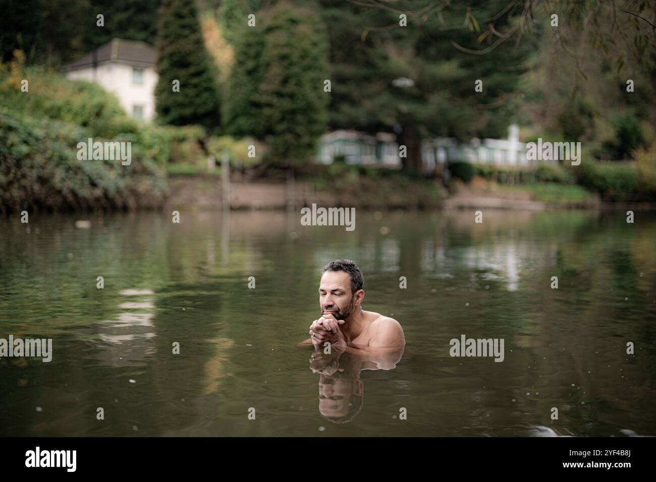 An member of an male group of cold water bathers, who identify as a ...