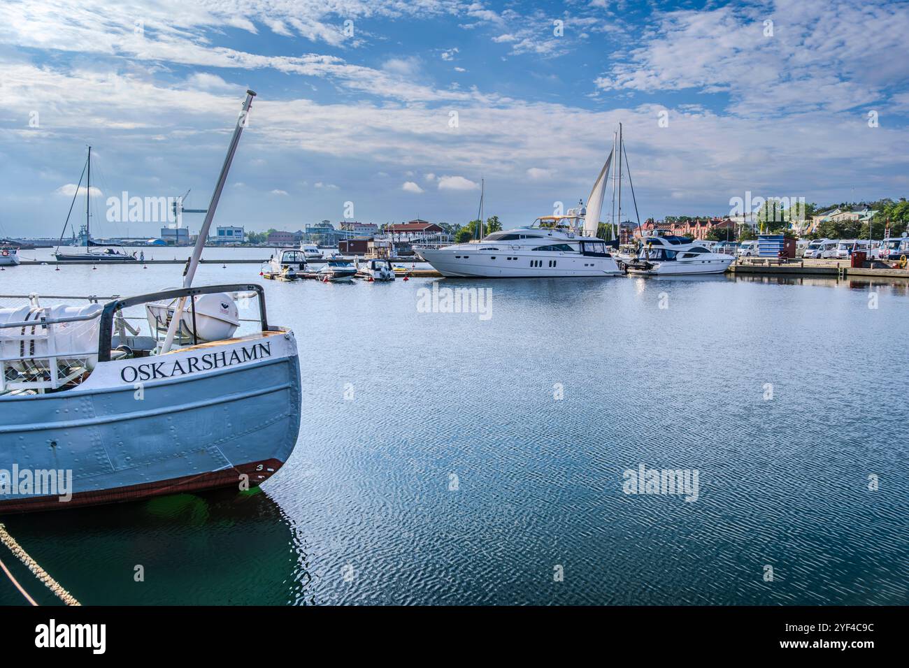 View and scenery of the harbour of Oskarshamn, Kalmar län, Sweden, for ...