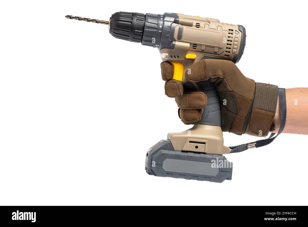 Electric drill in hand isolated on white background. Construction tool ...