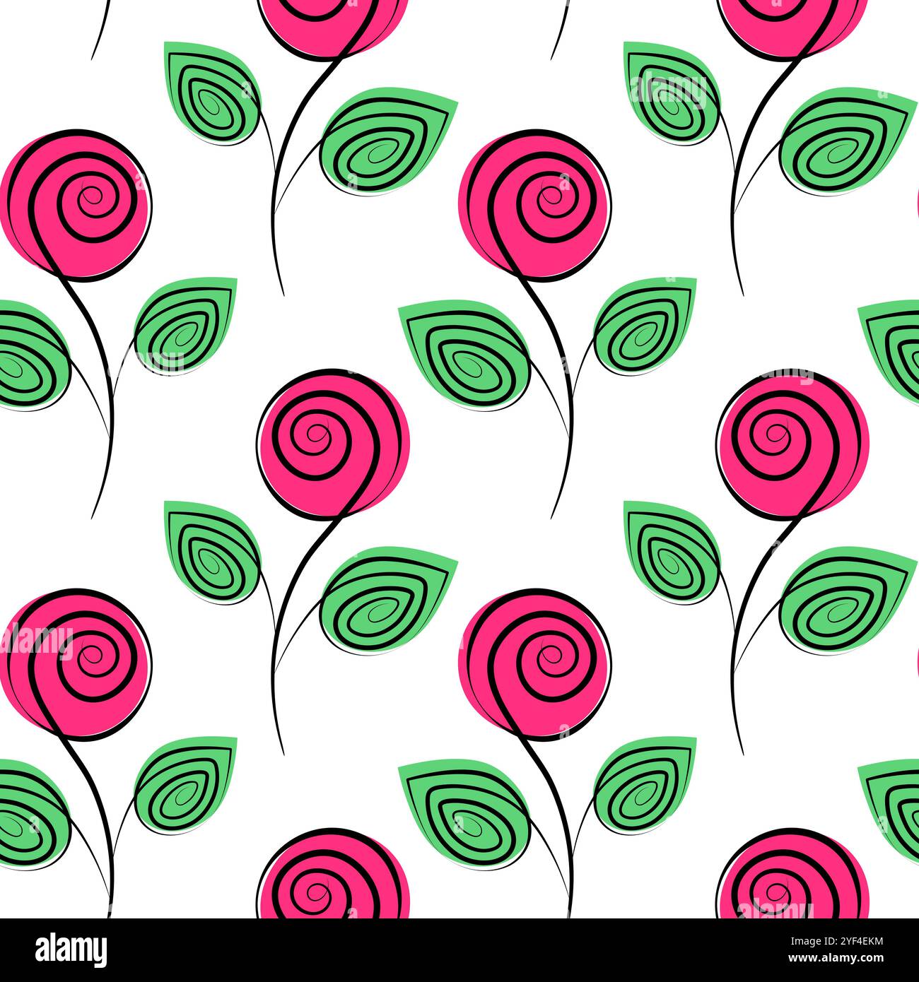 Stylized rose on stem with leaves Seamless Pattern in trendy marker ...