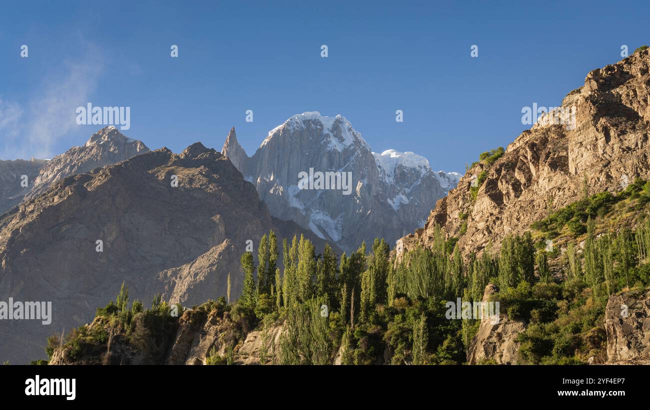 Scenic landscape view from Hunza valley of Hunza Peak and Ladyfinger ...
