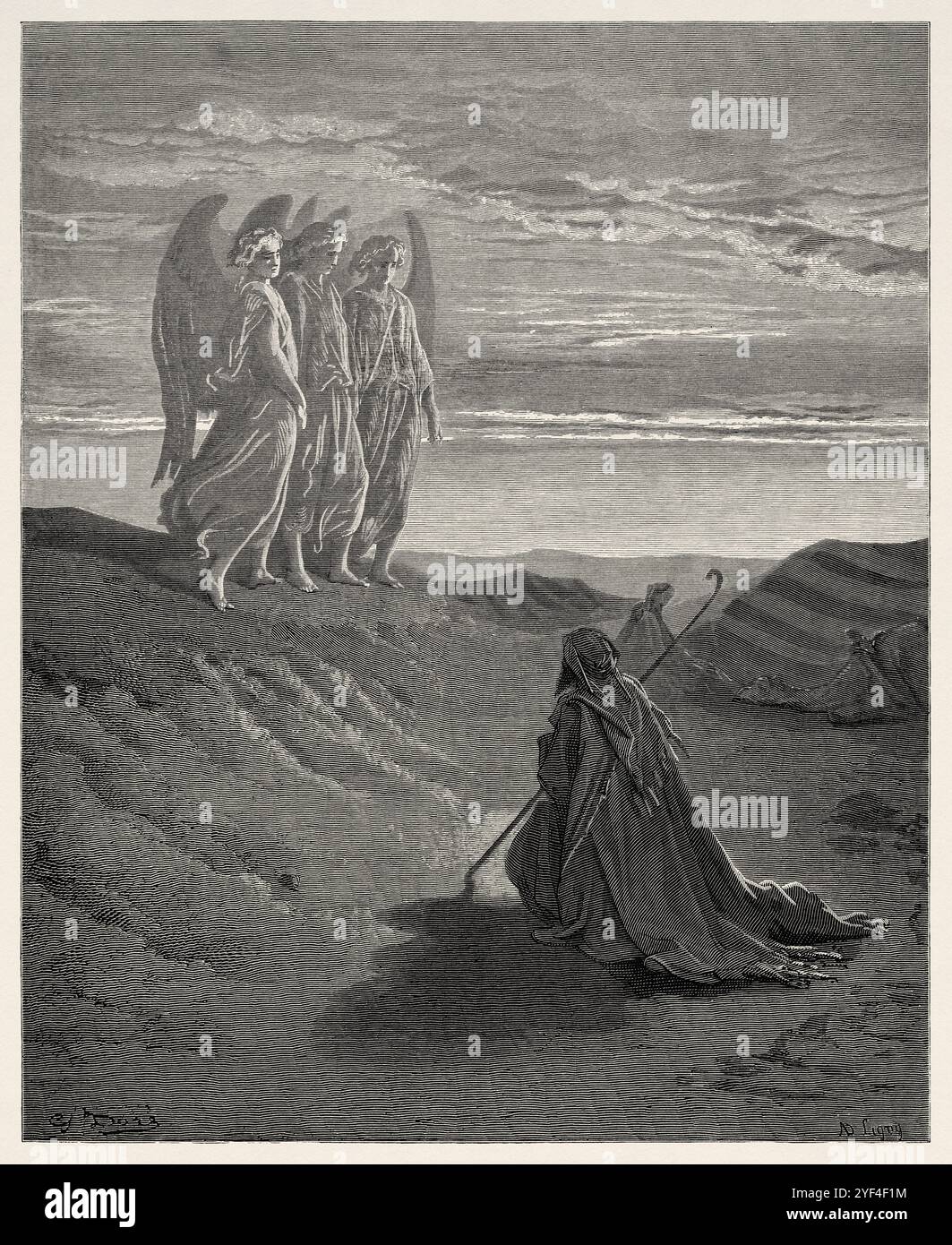 Abraham is visited by three angels. Old Testament. Antique bible ...