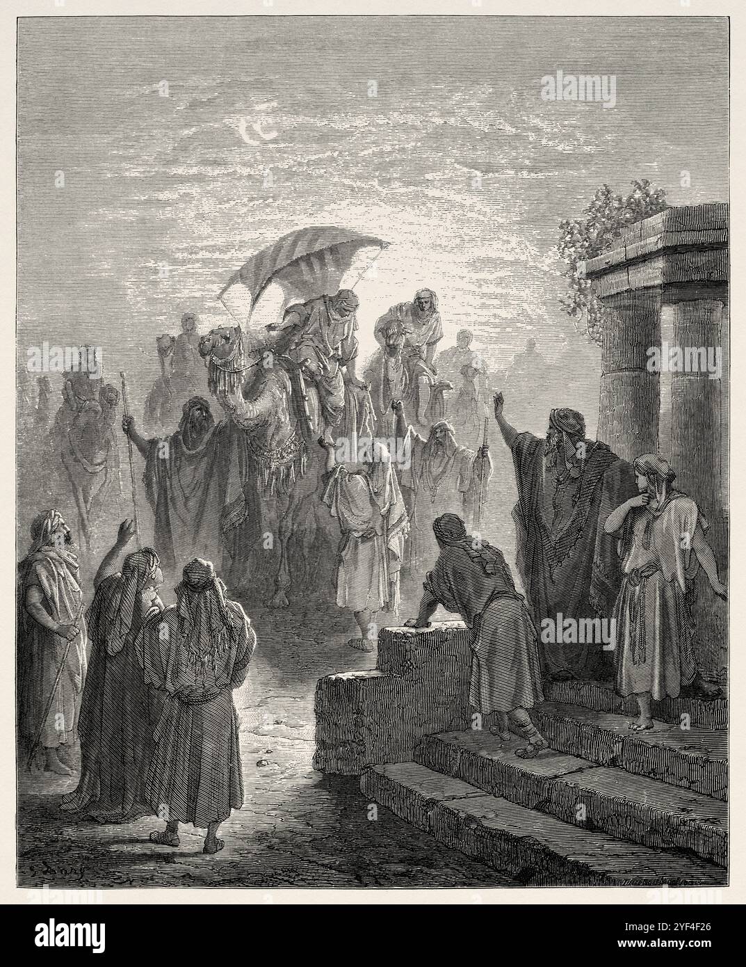 The meeting of Isaac and Rebekah. Old Testament. Antique bible ...