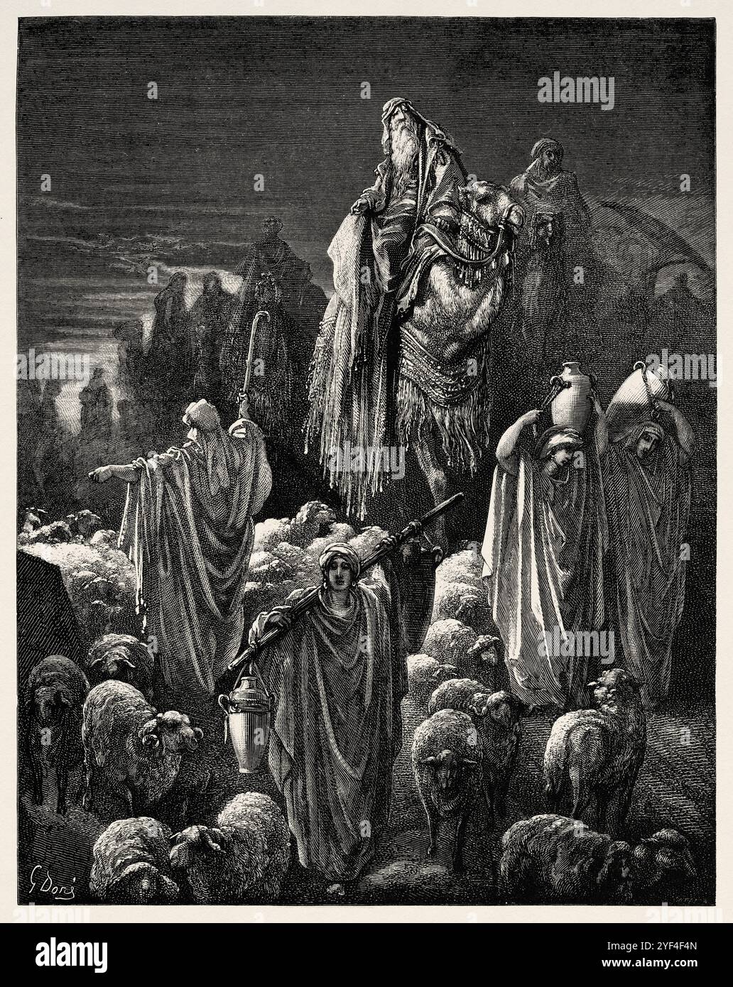 Jacob and his family on the way to Egypt. Old Testament. Antique bible ...