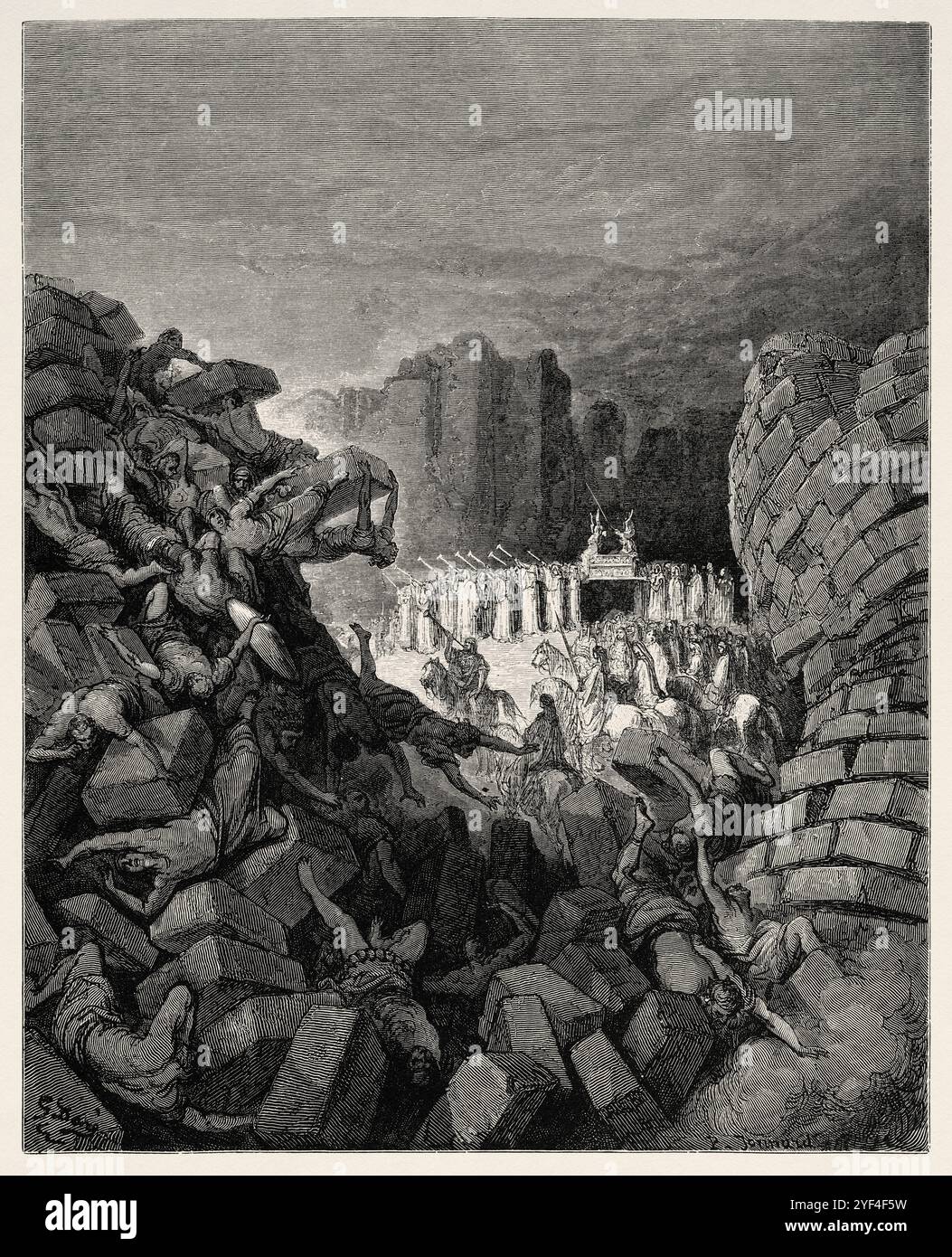 The walls of Jericho falling down. Old Testament. Antique bible ...