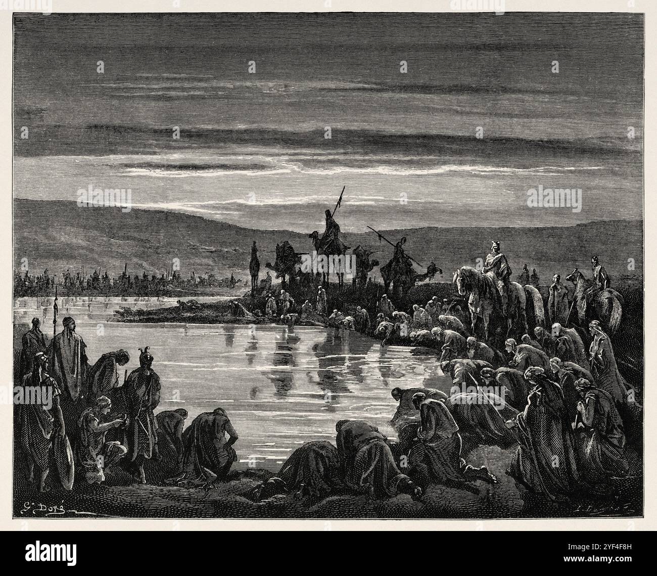 Gideon choosing his soldiers. Old Testament. Antique bible illustration ...