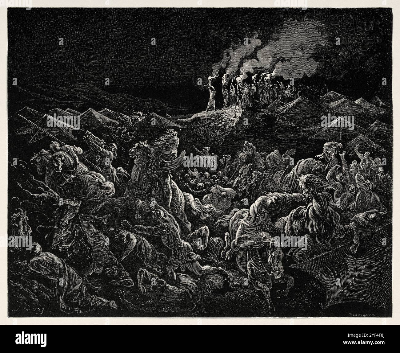Gideon attacks the Midianites at night. Old Testament. Antique bible ...