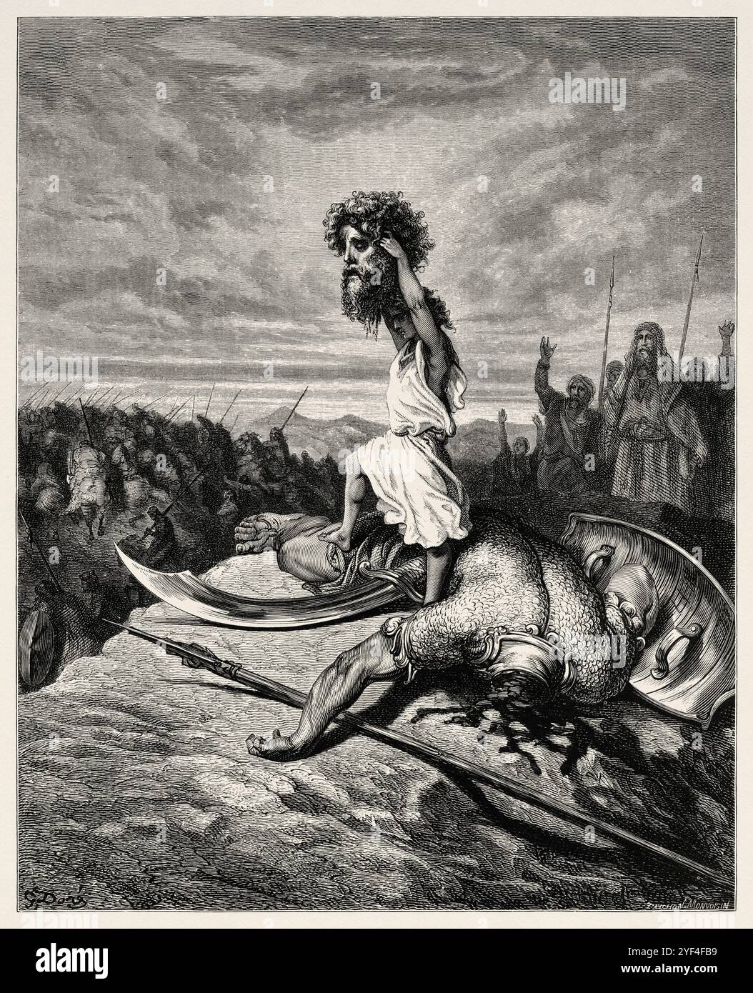 David slays Goliath. David shows the severed head of Goliath. Old ...