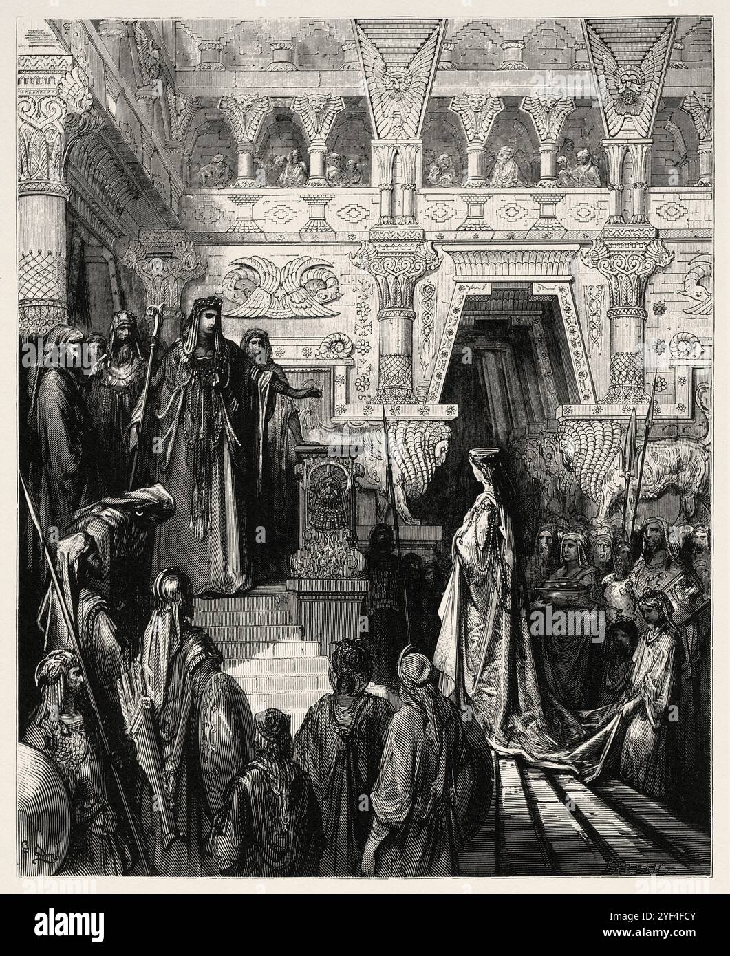 Solomon receiving the Queen of Sheba. Old Testament. Antique bible ...