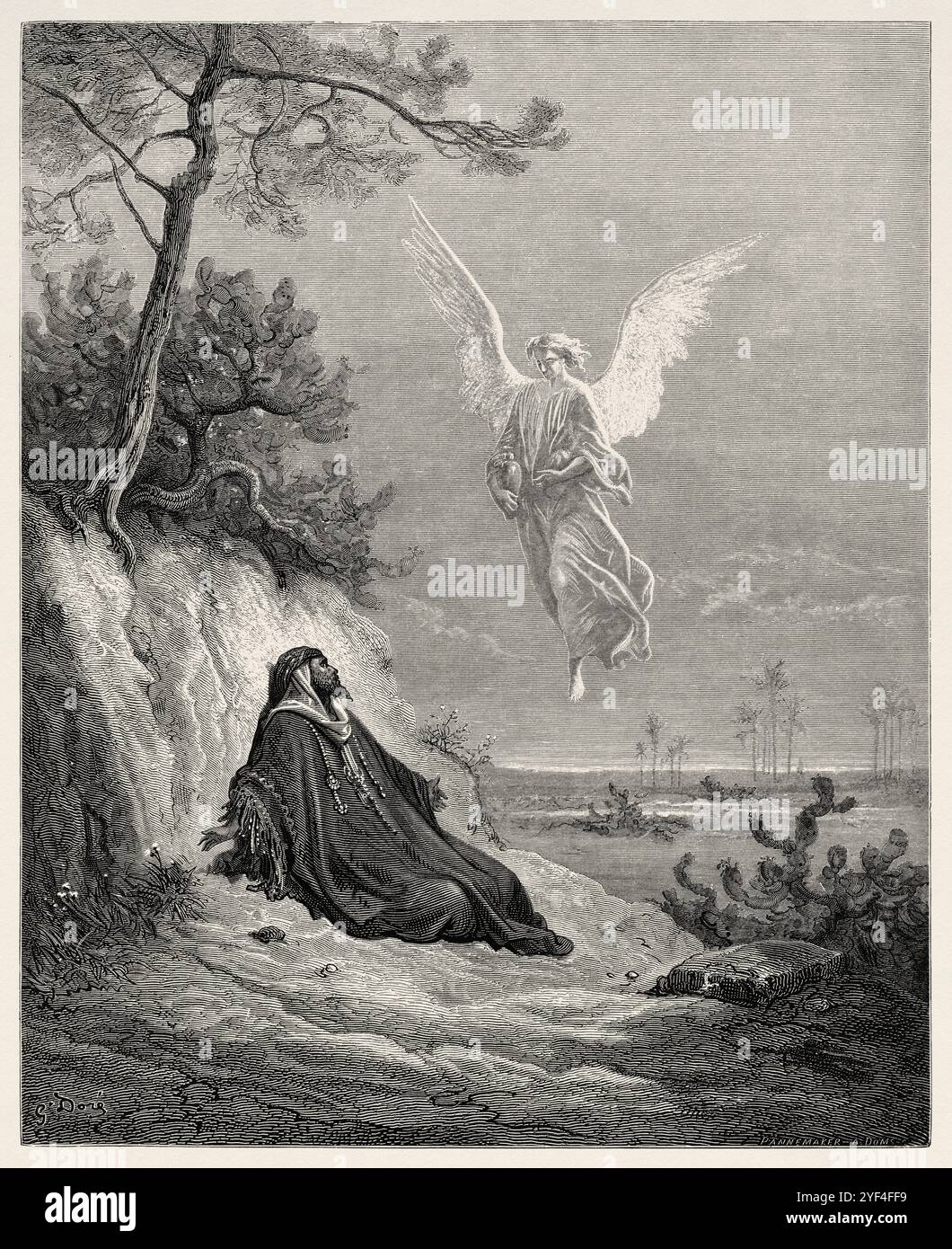 The prophet Elijah fed by an angel. Old Testament. Antique bible ...