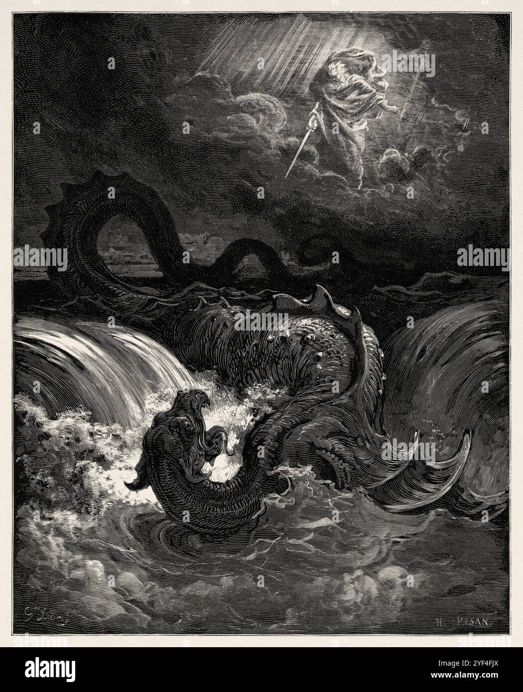 God destroys the Leviathan, vision of Isaiah. Old Testament. Antique ...