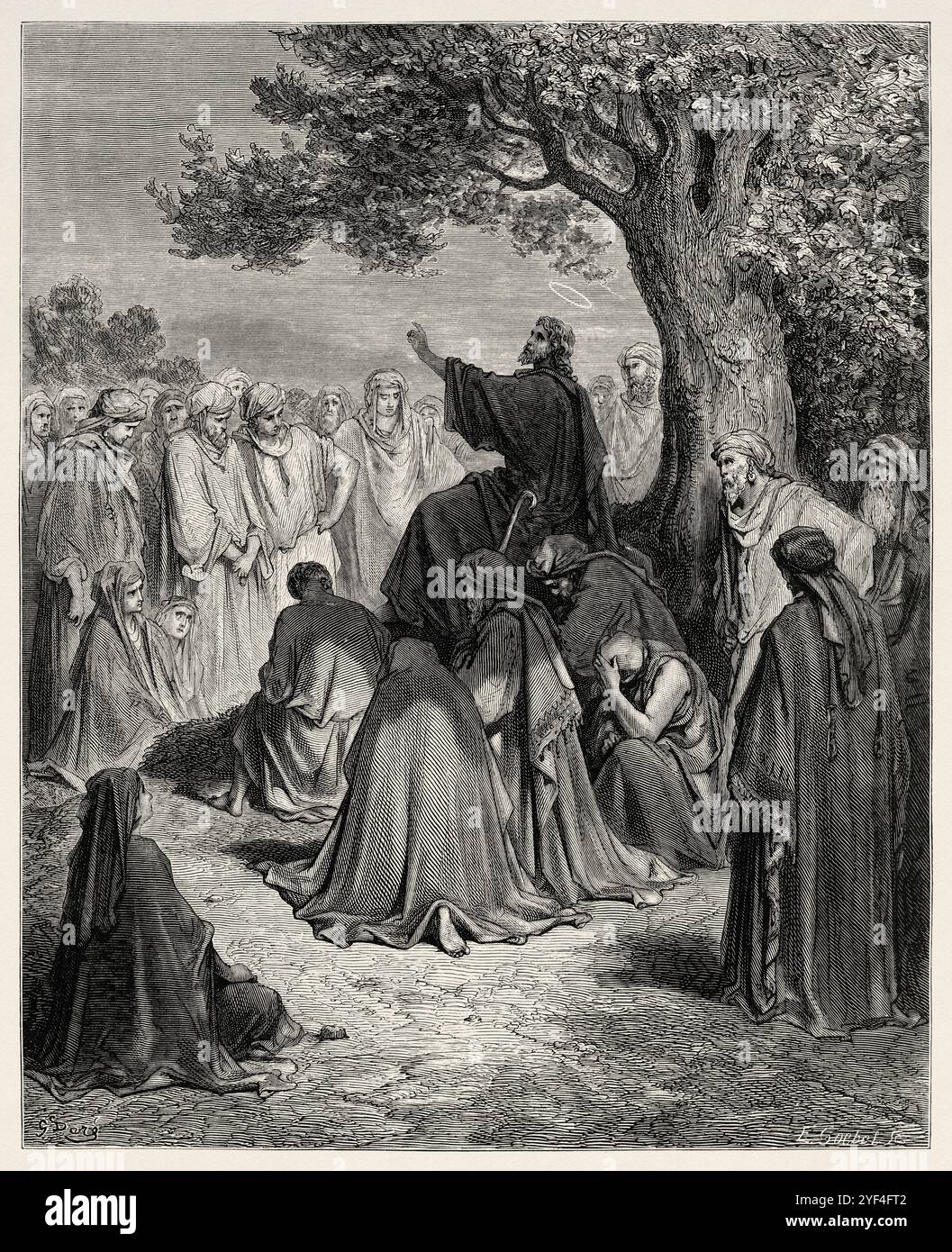 Jesus preaching to the multitude. New Testament. Antique bible ...