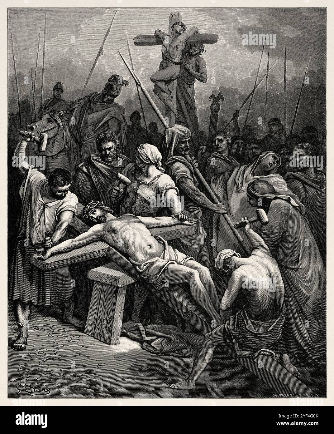 The Crucifixion. Jesus is nailed to the cross. New Testament. Antique ...