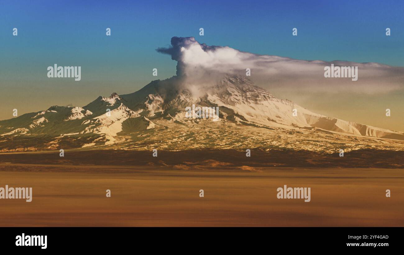 Winter volcanic landscape at sunrise, eruption crater active volcano on ...