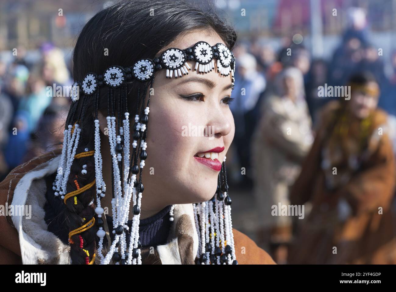 Portrait smiling young woman in traditional clothing indigenous ...