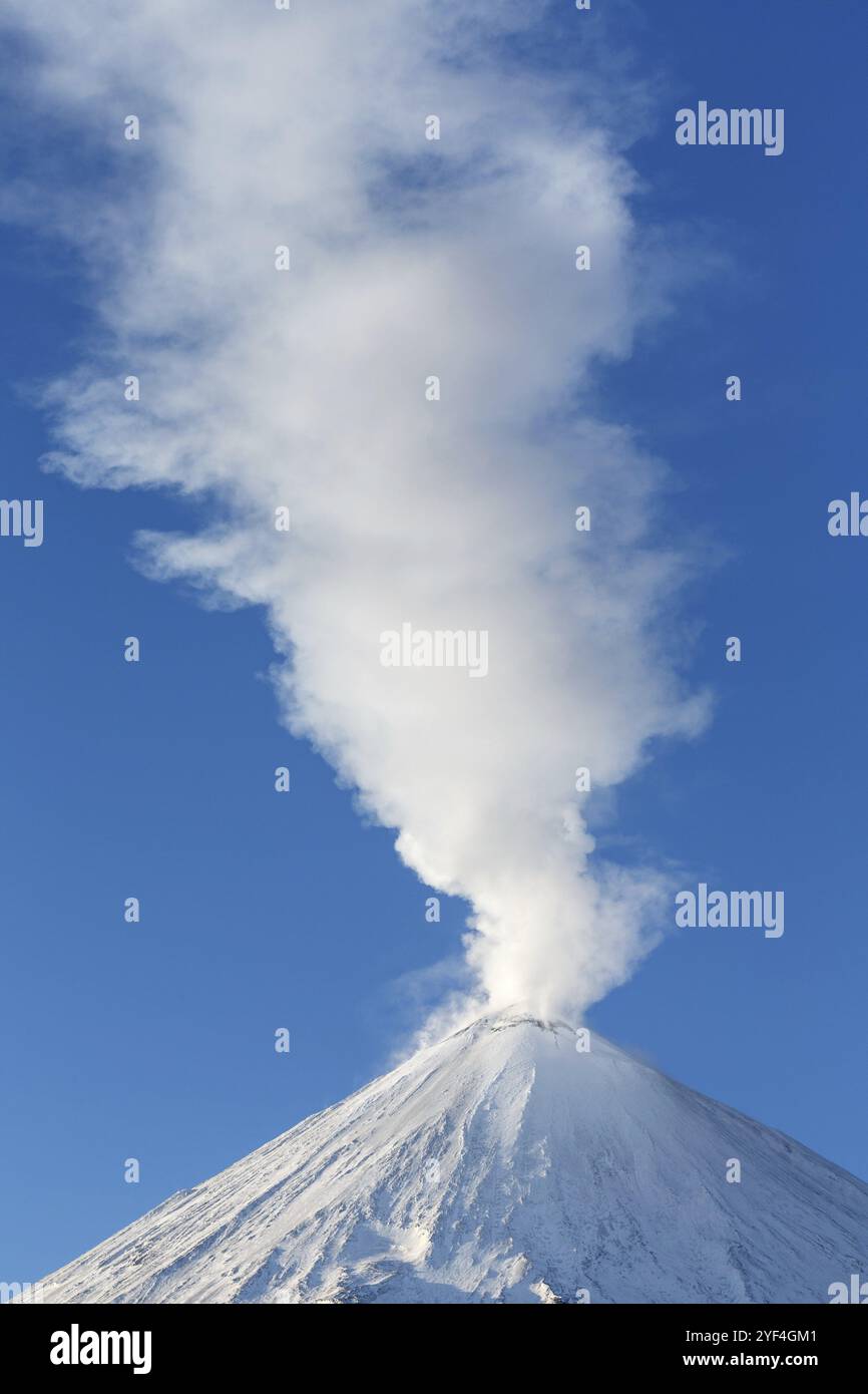 Winter volcanic landscape: active Klyuchevskaya Sopka (Klyuchevskoy ...