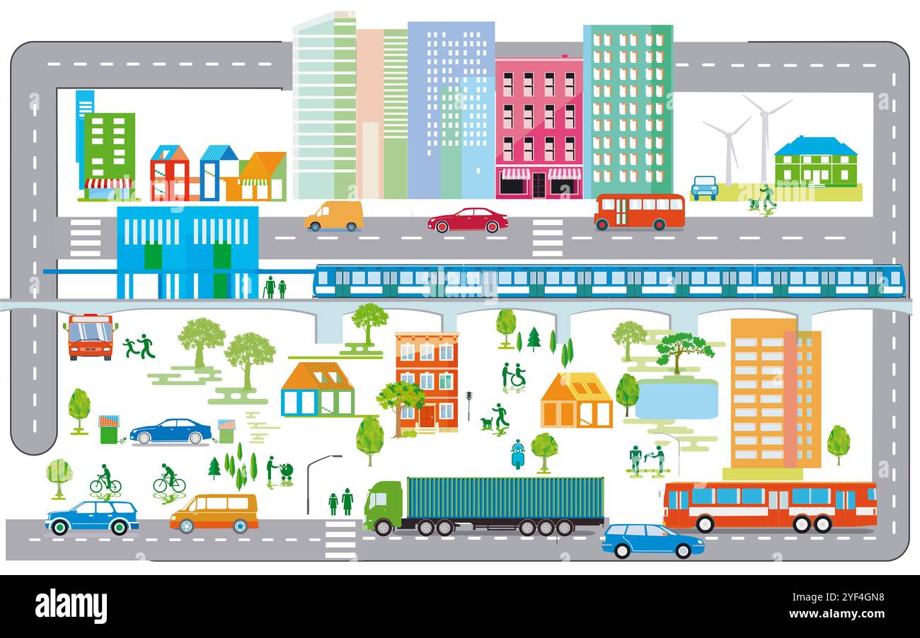 City overview with traffic and houses, information illustration Stock ...