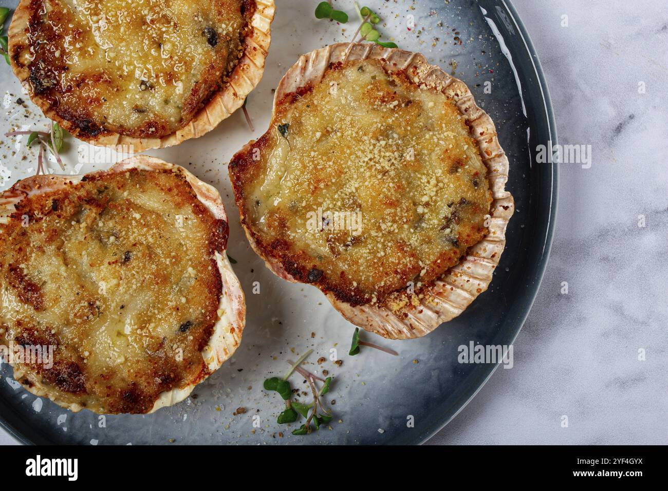 Scallop shells, stuffed, baked with cheese, in the oven, julienne with ...