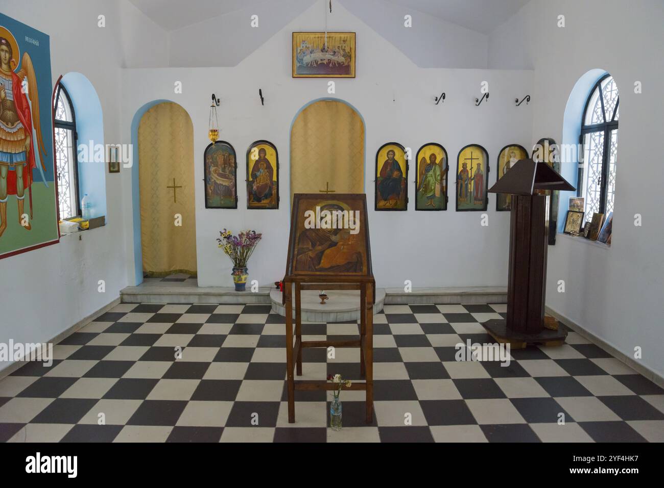 Interior of a church with religious icons and a peaceful atmosphere ...